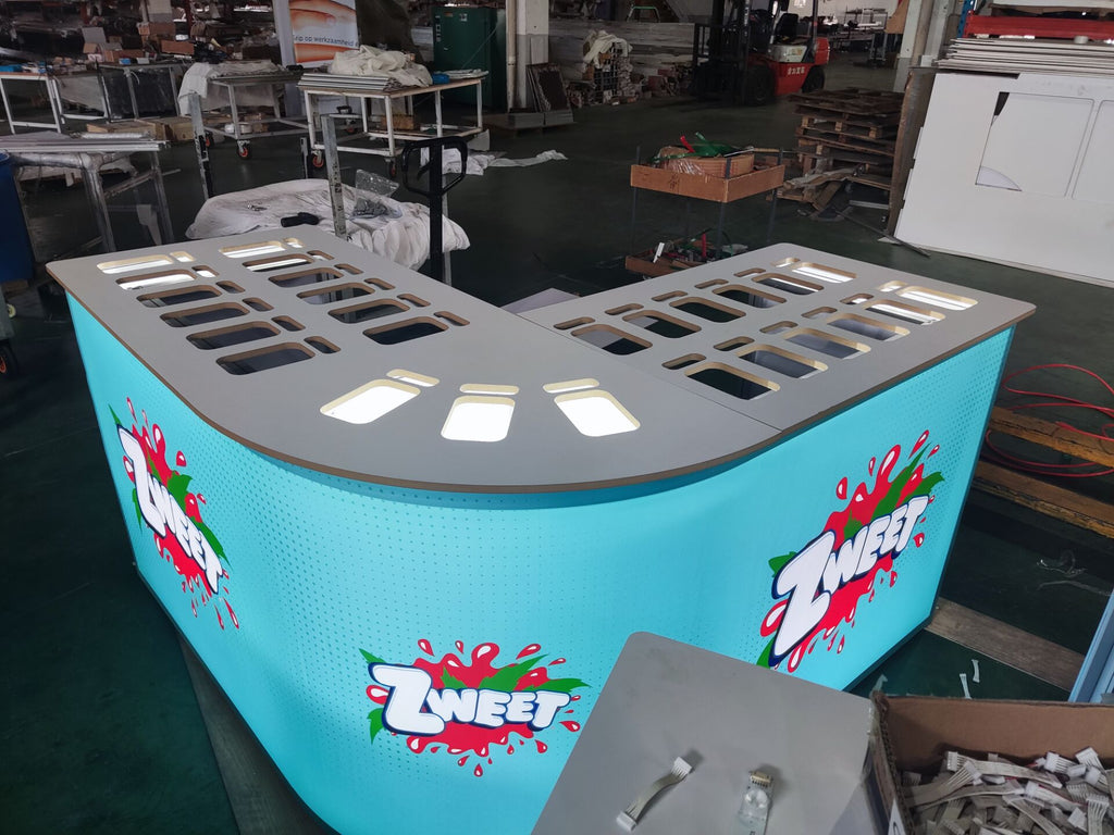 Customizable Backlit Exhibition Counter Design With Cabinet And Shelves